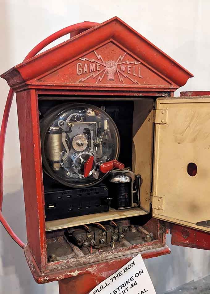 The Gamewell fire alarm box's intricate mechanical guts reveal the ingenious engineering that saved countless lives before smartphones existed.