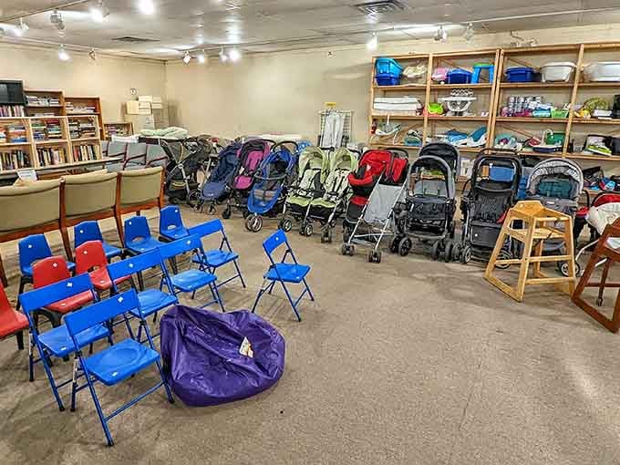 Strollers lined up like they're waiting for a baby parade, ready to roll into their next adventure.