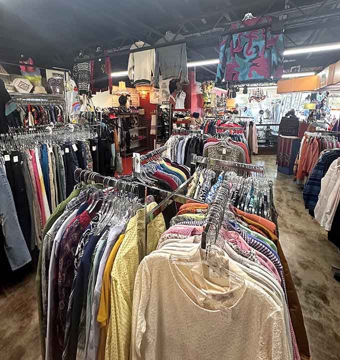 Women's clothing racks stretch endlessly, offering everything from everyday basics to statement pieces that demand attention at parties.