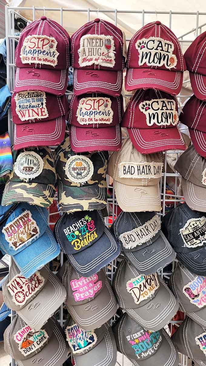 Wine humor meets distressed fabric in this display of caps that perfectly capture the modern Texas spirit.