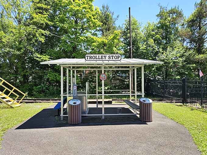 Your chariot awaits at this authentic trolley stop, complete with benches for the fashionably early passenger.
