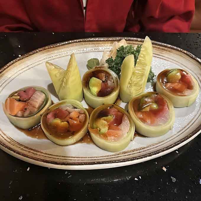 Those cucumber-wrapped beauties filled with fresh fish are almost too gorgeous to eat, but you'll manage somehow.