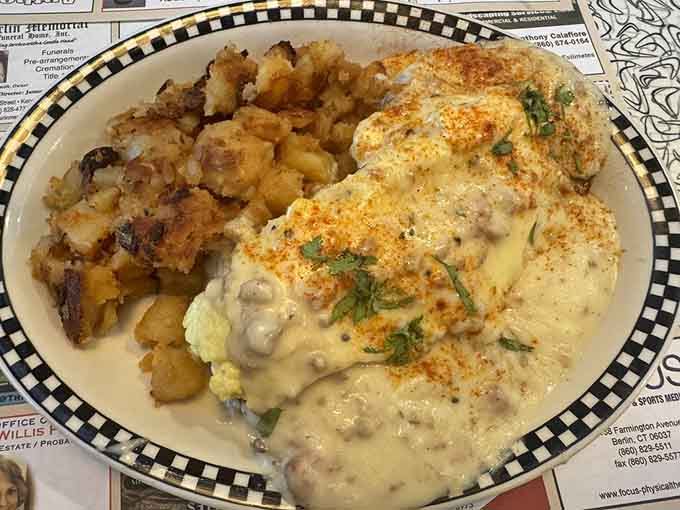 Sausage, biscuits, and gravy smothered in creamy goodness will make you understand why Southerners never skip this dish.