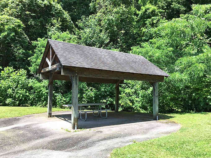 A covered picnic shelter near the parking area lets you extend your visit with lunch in the mountains.