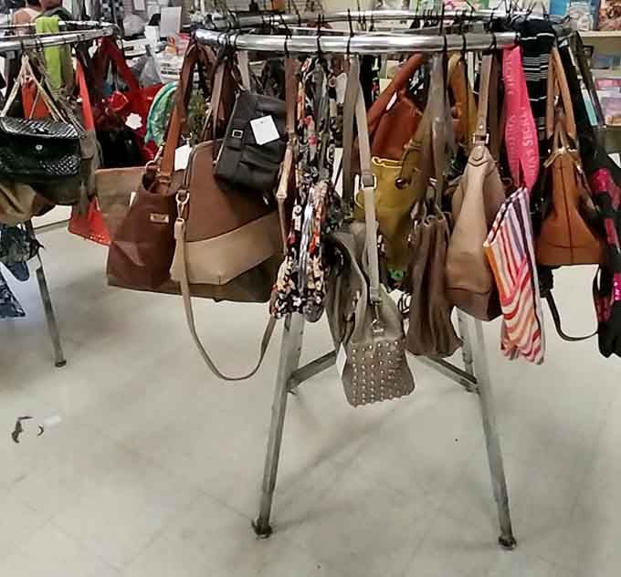 Purses hanging like art installations, each one carrying stories from previous owners and future adventures alike.