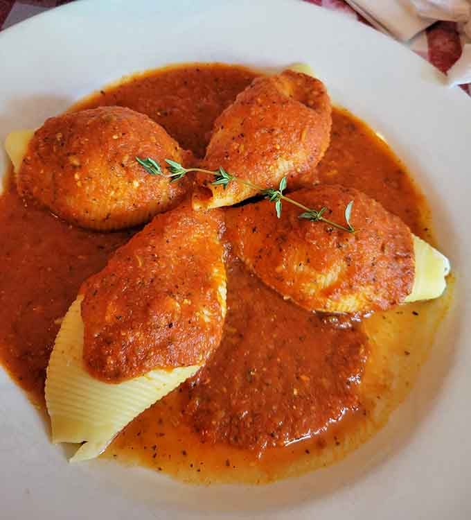 Stuffed shells so plump and saucy they look like they're auditioning for a pasta commercial on television.