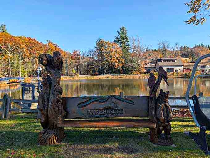 This carved bench invites contemplation, rest, and the kind of deep thoughts that only come after serious elevation gain.