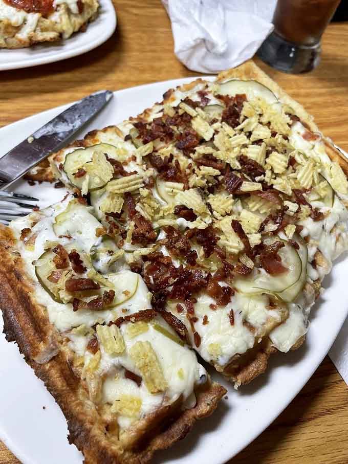 Pickles and bacon on a waffle pizza sounds insane until that first bite makes you question everything you knew.