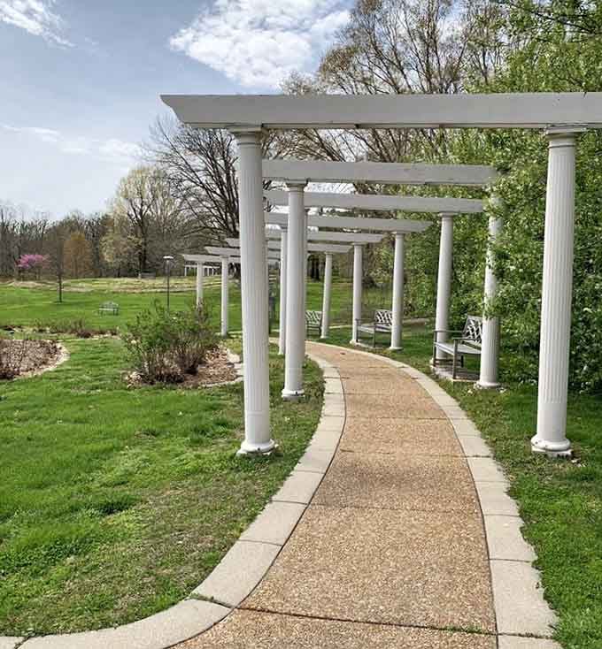 This elegant colonnade walkway makes you feel fancy without requiring heels or a reservation, just comfortable shoes.