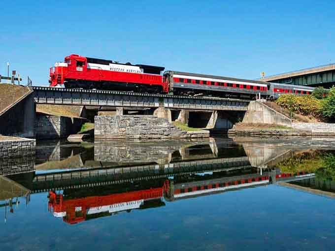 The train's reflection in still water creates a perfect mirror image that'll make your photographer friends jealous.