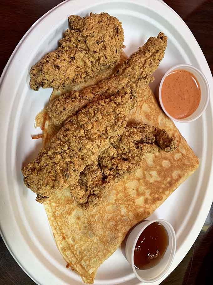 Chicken tenders and a waffle that prove breakfast and lunch were always meant to be together forever.