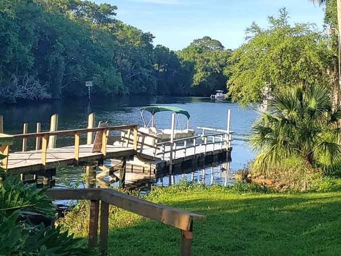 Private docks line the waterfront where boats rest between adventures, waiting for their next story.