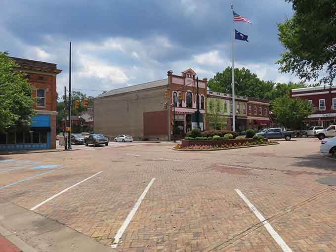 That brick plaza and stately architecture prove small-town charm doesn't need a Hollywood budget to shine beautifully.