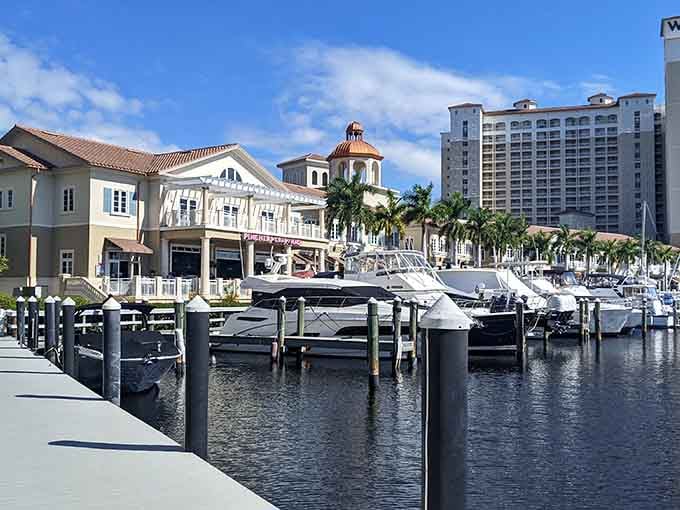 Cape Coral's marina showcases boats bobbing peacefully where waterfront dreams don't require winning the lottery first.