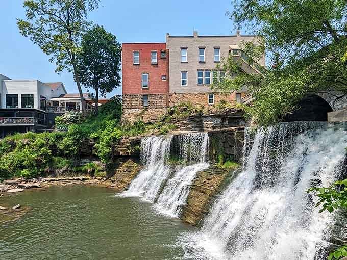 Water cascades over the falls right in the heart of downtown, creating nature's perfect soundtrack for shopping.
