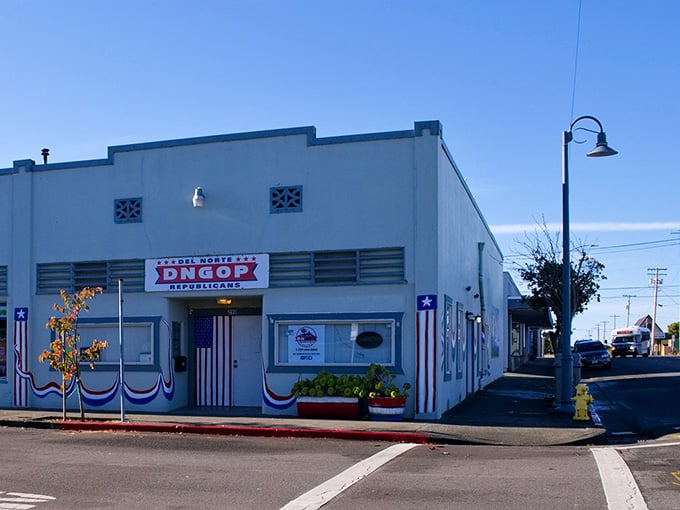 Small-town storefronts wear their patriotic colors proudly, reminding you that community spirit never goes out of style.
