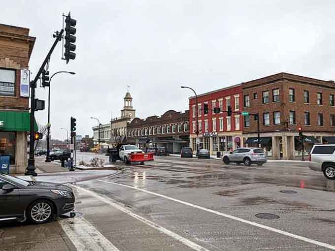 Even on overcast days, that clock tower and historic storefronts give off serious small-town charm and character.