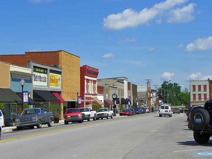 Main Street stretches wide and welcoming under blue skies that make every building look like it's posing for pictures.