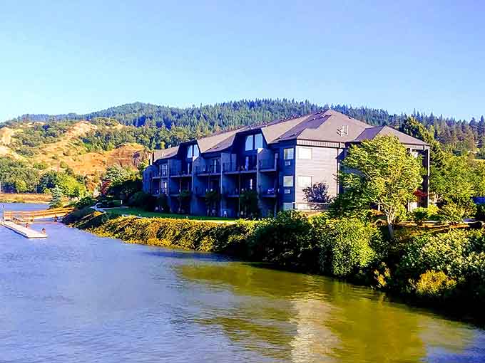 The Columbia River stretches wide at Hood River, creating a playground for wind-powered water sports enthusiasts.