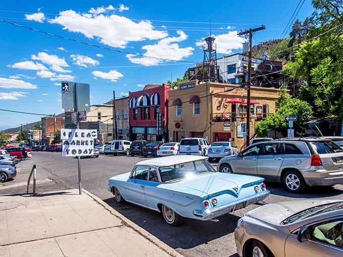 That classic turquoise cruiser parked on Main Street proves some towns know how to blend nostalgia with everyday life.