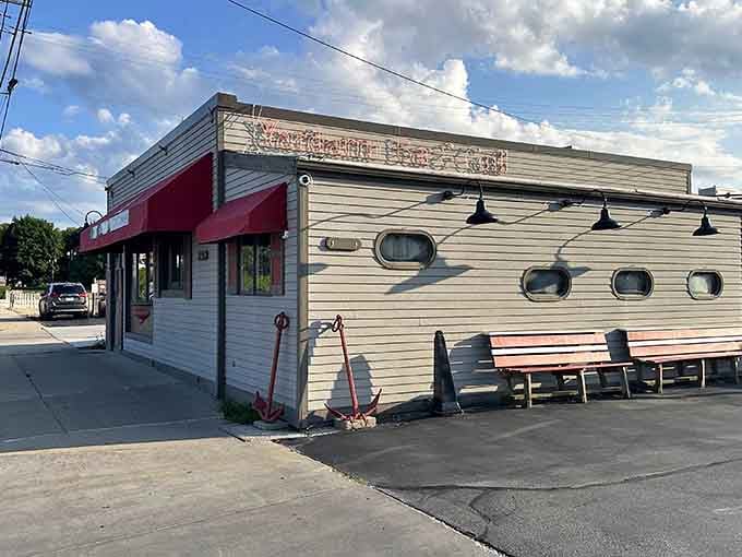 Porthole windows and nautical touches transform this building into a landlocked vessel serving up lakeside dining dreams perfectly.