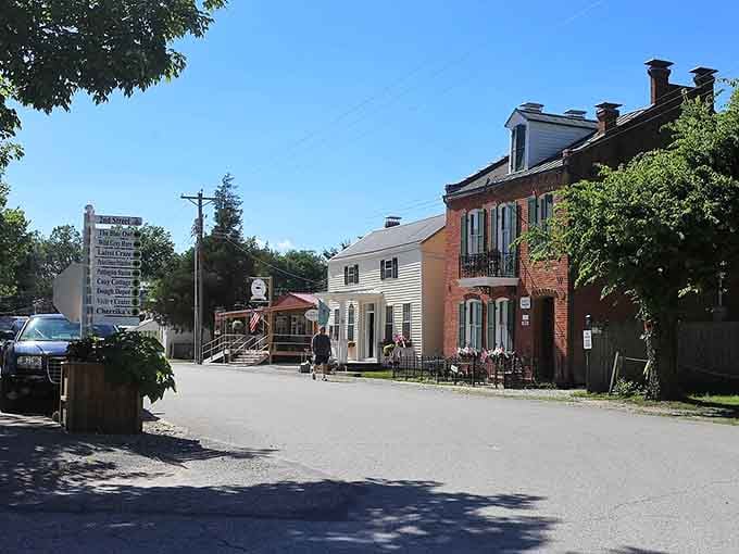 Shaded streets and historic buildings create a peaceful scene where neighbors still know each other by first name only.