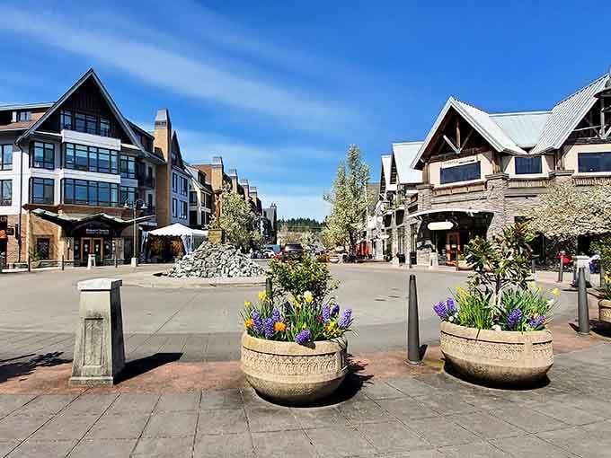Mountain-village charm meets modern safety in this pedestrian plaza where flower baskets bloom and worries fade away.