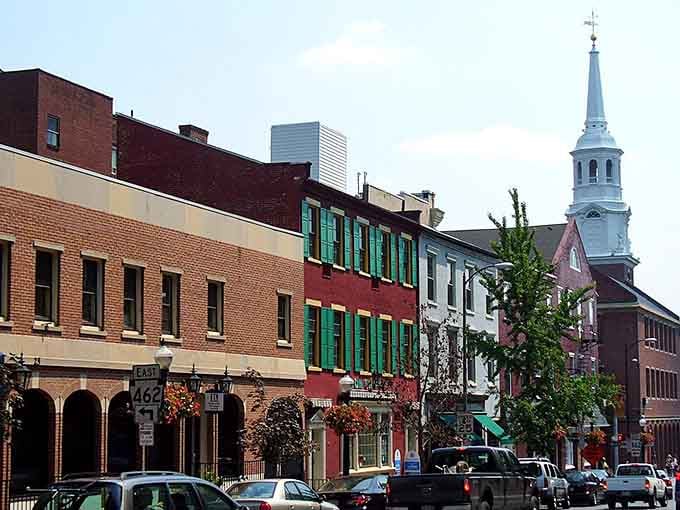 Lancaster's colorful row houses create a streetscape more vibrant than a box of crayons spilled across history's canvas.