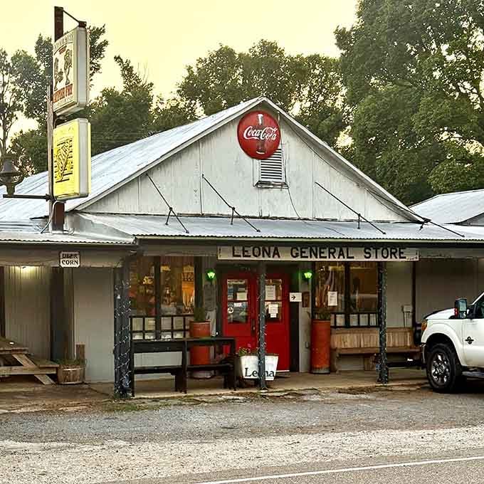 A vintage Coca-Cola sign and weathered white siding create pure Americana nostalgia you can actually taste inside.