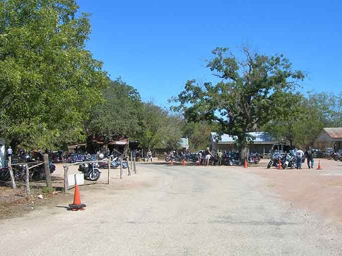 Motorcycles parked under sprawling oak trees create a scene that's equal parts Easy Rider and small-town Texas charm.