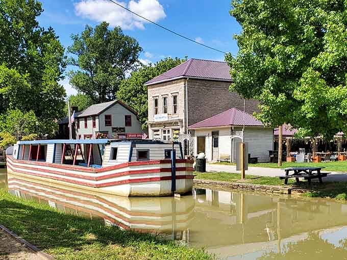 A vintage canal boat rests peacefully in Metamora, reminding us when waterways were America's original highways.