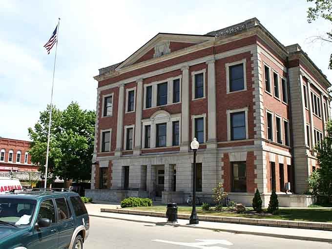 This stately courthouse commands respect with its red brick dignity and limestone trim worthy of any county seat.