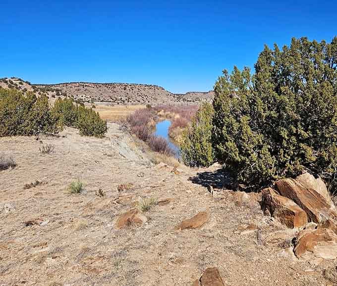 The winding river cuts through golden grasslands, its blue ribbon snaking between canyon walls under endless western skies so clear.