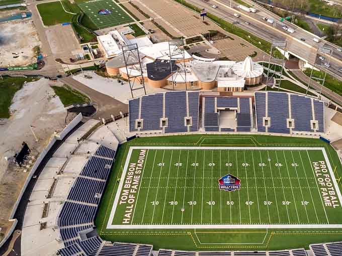 From above, the Hall of Fame's football field looks ready for legends to take the turf any moment.