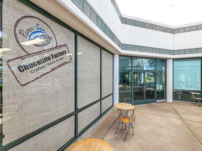 The River-Sea sign promises ocean-inspired chocolates crafted with beach-town charm and serious confectionery skills.