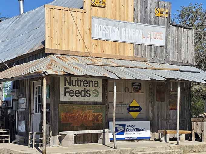 The patchwork siding tells decades of stories, while that working post office inside keeps small-town connections alive and thriving.