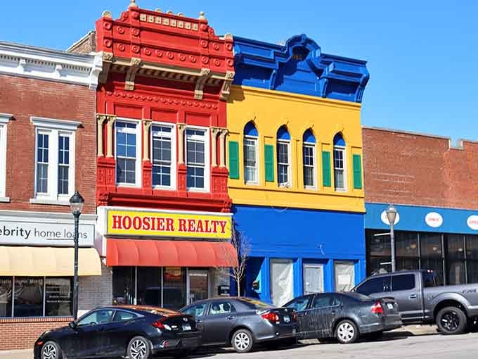 These colorful storefronts pop like a box of crayons, proving retirement towns don't have to be boring beige.