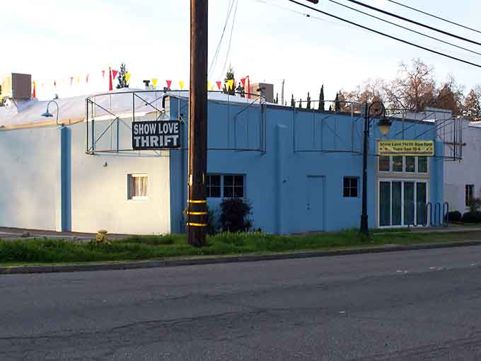 The blue and white exterior has a quirky charm that promises fun finds inside.