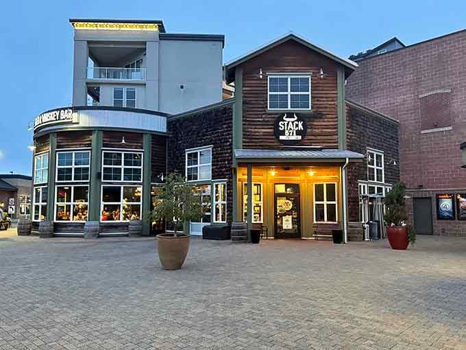 This rustic-meets-modern building design suggests serious burger business happens within those wooden walls and welcoming entrance.
