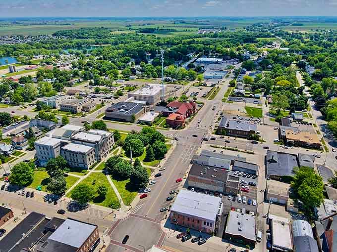 From above, this town spreads out like a perfectly planned quilt, each block stitched together with tree-lined care.