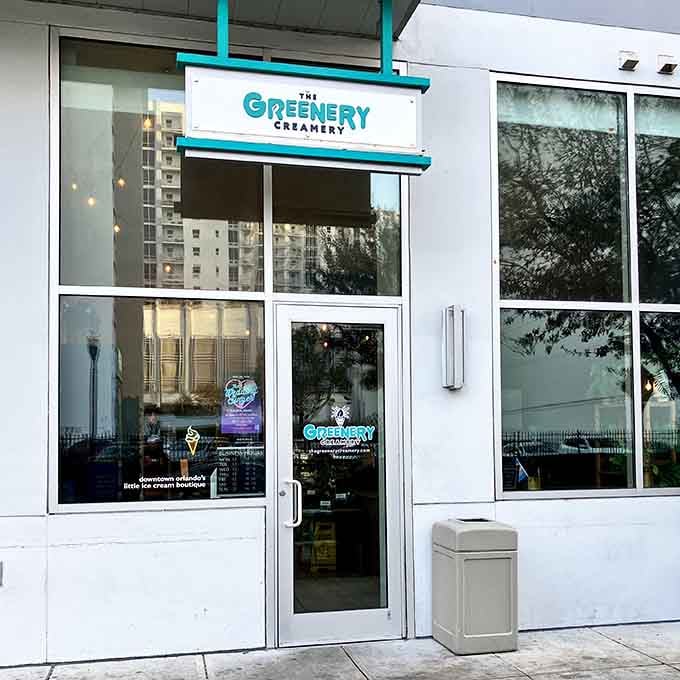 Clean lines and turquoise accents bring modern style to downtown Orlando's ice cream scene with refreshing sophistication here.
