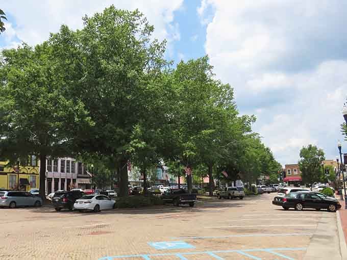 Mature trees shading downtown streets create natural air conditioning that's been working since before central cooling existed.