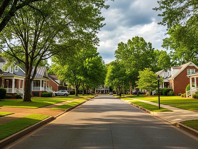 Mature trees create a leafy tunnel over residential streets where neighbors actually know each other's names.