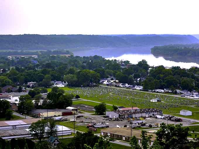 Where rivers meet and communities thrive, this elevated view captures a town that values both nature and neighborly connection.