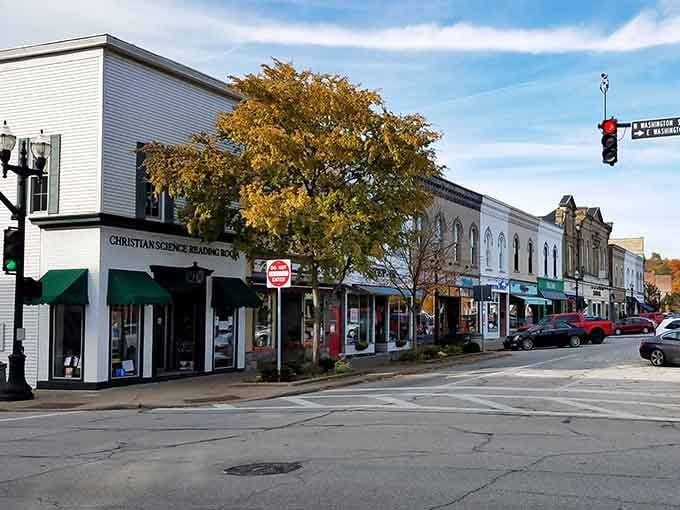 Autumn trees frame the main street where local shops invite you to slow down and browse awhile.