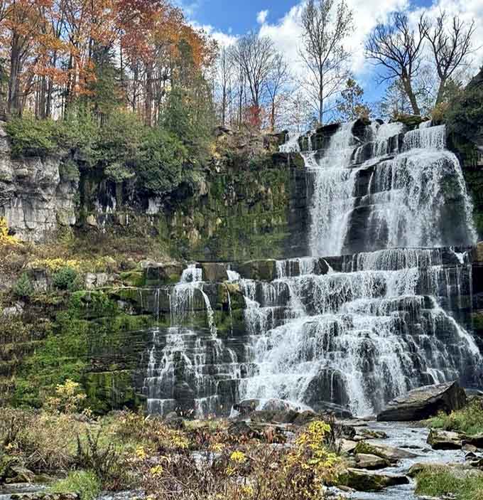 Autumn transforms the massive waterfall into a masterpiece framed by golden leaves and dramatic rock formations.