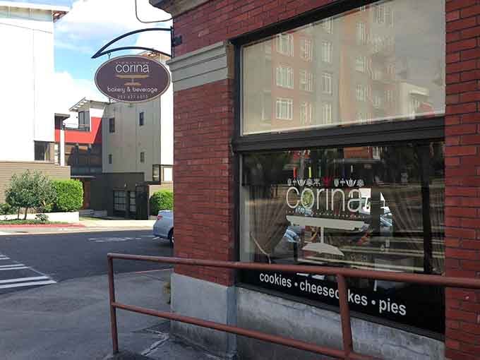 Large windows reveal the bakery magic happening inside, where cookies, cheesecakes, and pies await your eager taste buds.
