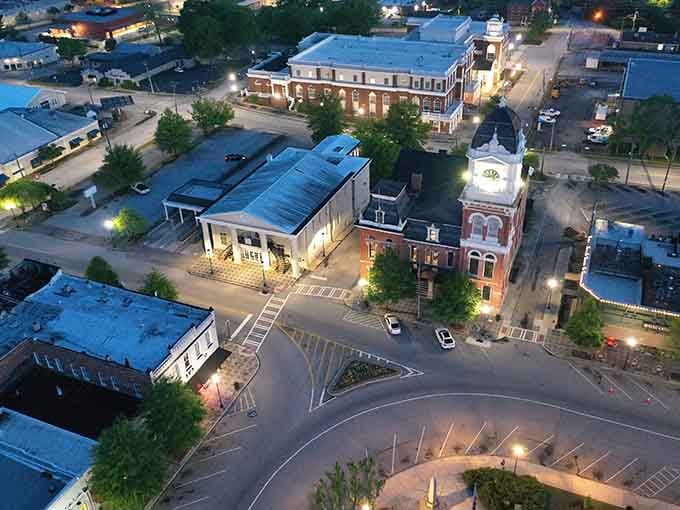 Evening lights transform the town square into something Norman Rockwell would've painted twice, maybe three times.