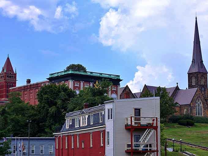 Church steeples and brick buildings stack up the hillside, creating a skyline that hasn't changed since Eisenhower.
