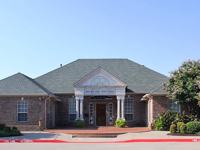 Double Oak's town hall sits neat and tidy, proving government buildings don't need to be intimidating fortresses.